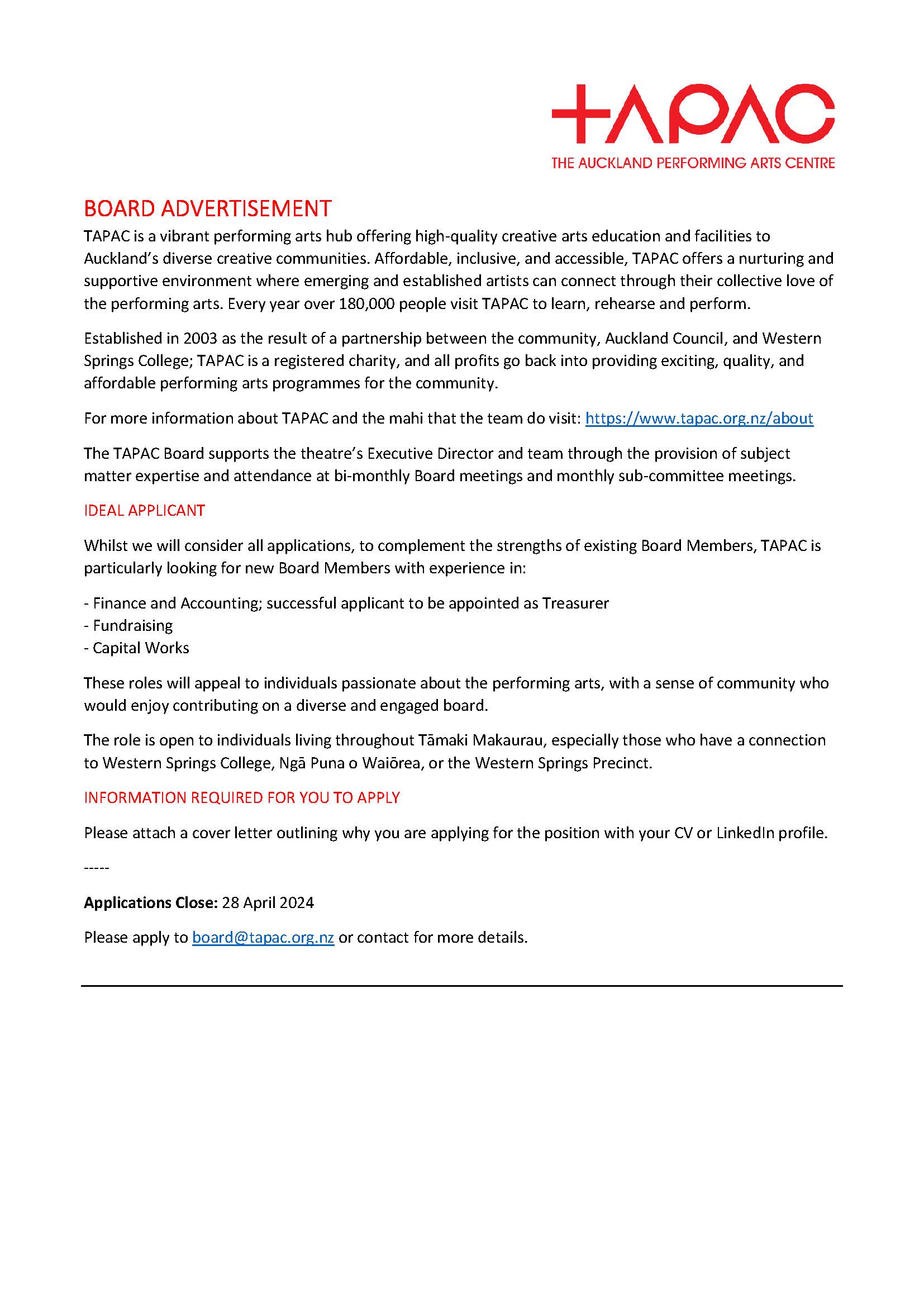 TAPAC Board Advertisement – Ngā Puna O Waiōrea